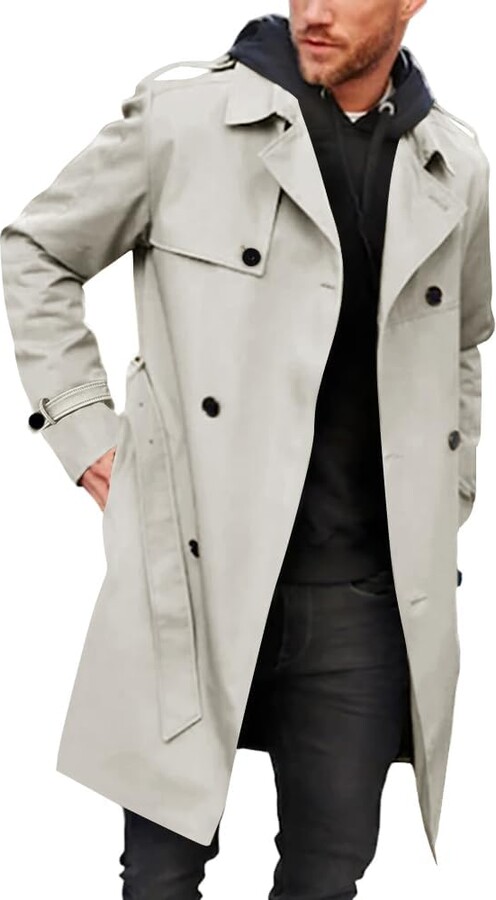 Runcati Men's Coat Double Breasted Trench Coat Long Lapel Business ...