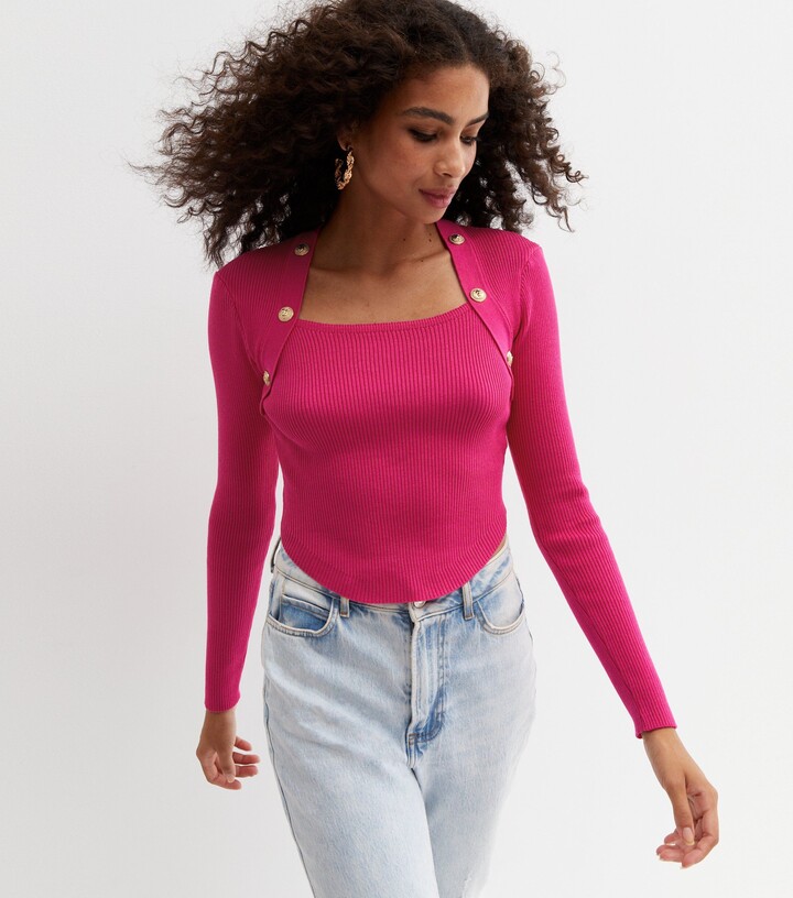Cameo Rose Bright Pink Ribbed Knit Button Top - ShopStyle