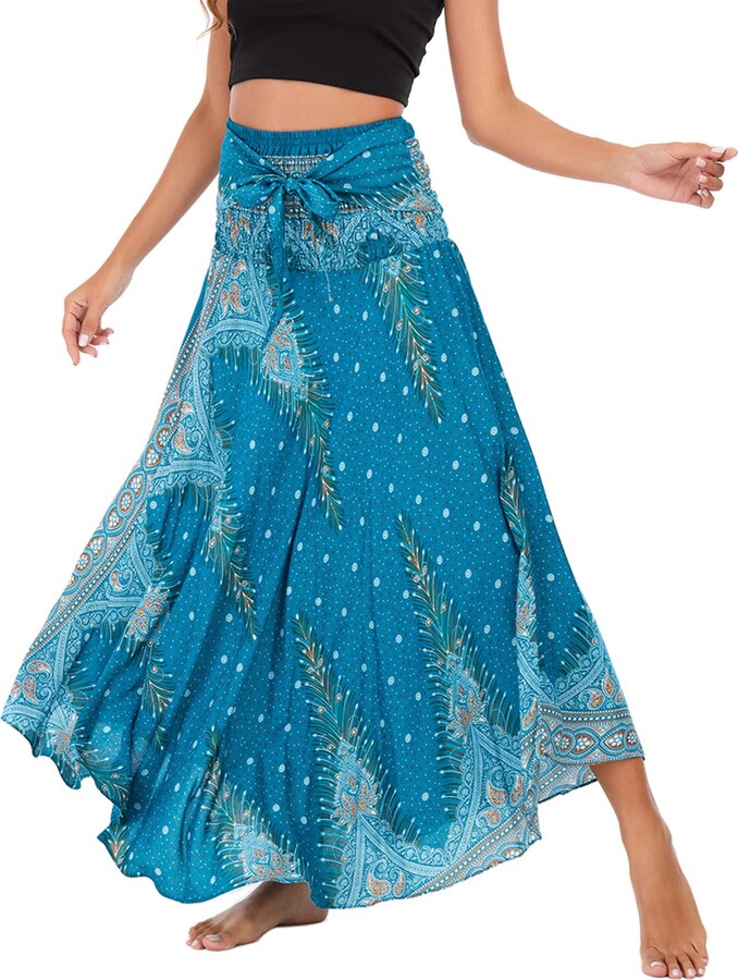 FEOYA Women Boho Hippie Maxi Skirt Gypsy Beach Long Skirt Blue 5 ...