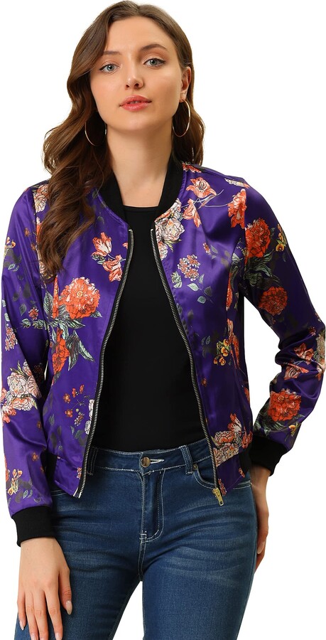 Allegra K Women's Stand Collar Lightweight Zip Up Floral Bomber Jacket ...