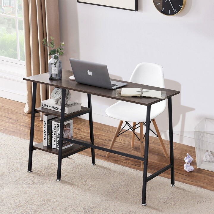 Vecelo Modern Brown Desk with 2-Tier Removable Storage Shelves, Office ...
