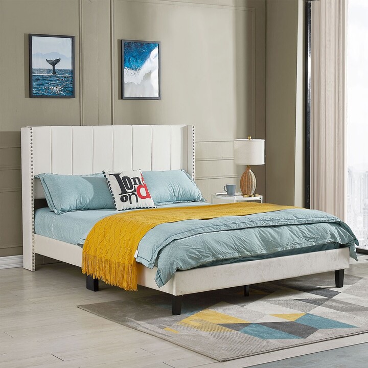 RASOO Queen Size Velvet Upholstered Platform Bed with Tufted & Nailhead ...