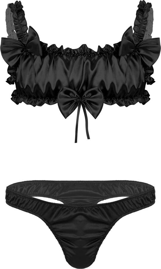 Choomomo Men's Ruffled Frilly Lace Satin Sissy Lingerie Set Bra Panties ...