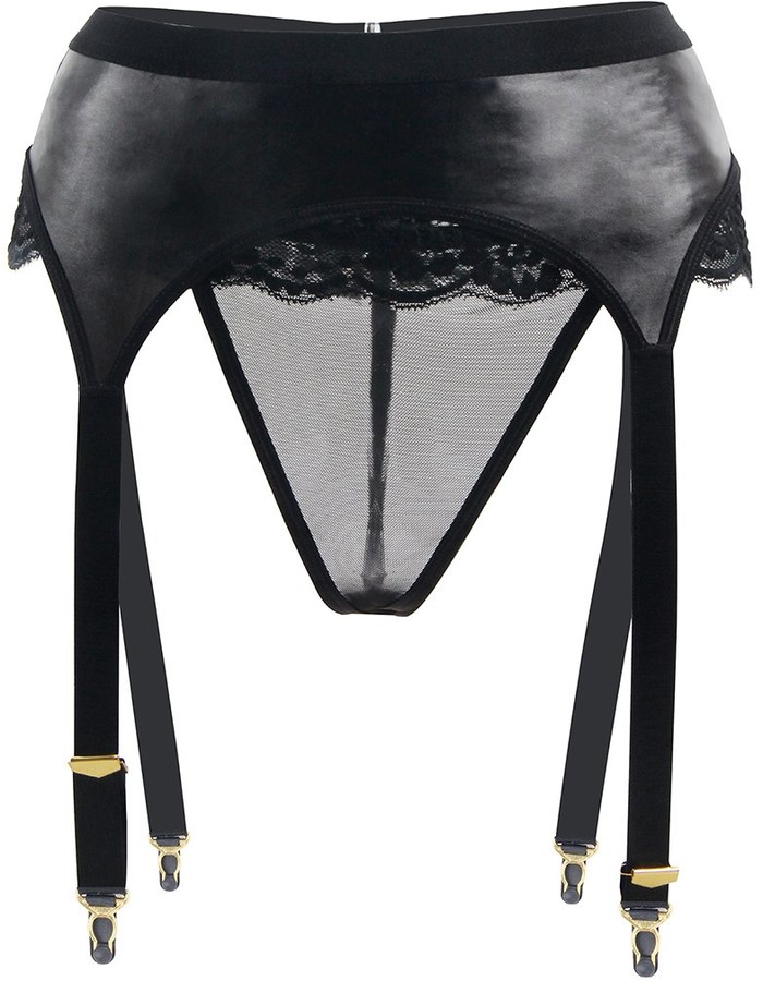 Ohyeahlady Women High Waist Faux Leather Black Lace Garter Belt Set