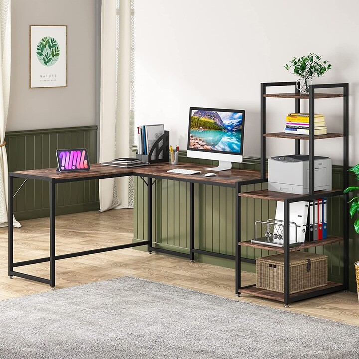 Farfarview Reversible L Computer Desk with 5 Tier Storage Shelves for ...