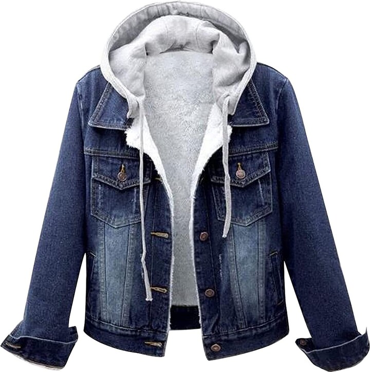 VESNIBA Women Denim Jacket Cropped Womens Fleece Lined Denim Jacket ...