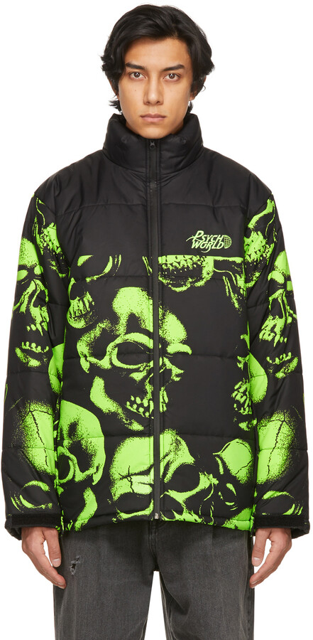 Psychworld Black & Green Skull Logo Puffer Jacket - ShopStyle Outerwear