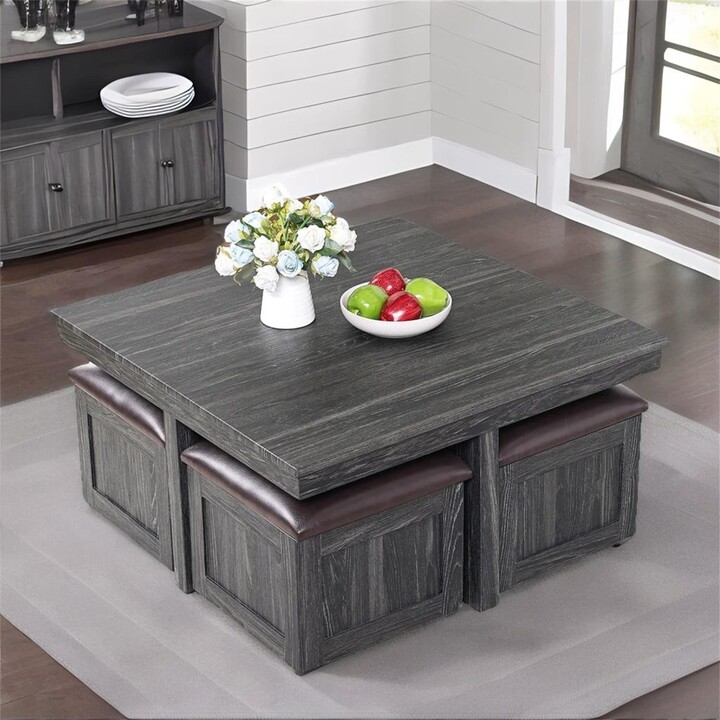 DEVERA Solid Wood Dining Table with 4 Storage Stools for Living Room ...