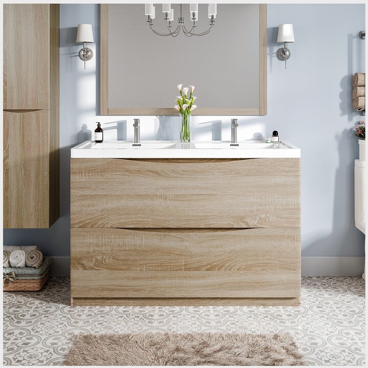 Eviva Smiley 48" White Oak Freestanding Modern Double Sink Bathroom ...