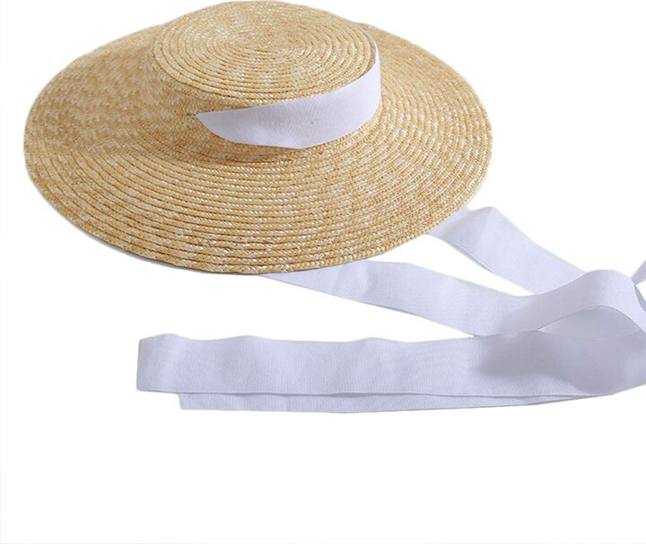 SXRQWomen Large Wide Brim Flat Top Straw for Sun Visor Hat Long Ribbon ...