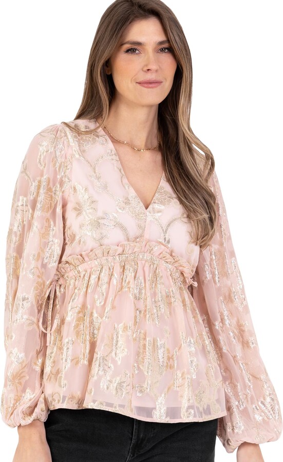 Lovedrobe Women's Ladies Peplum Top Long Sleeve V-Neckline Gold Foiled ...