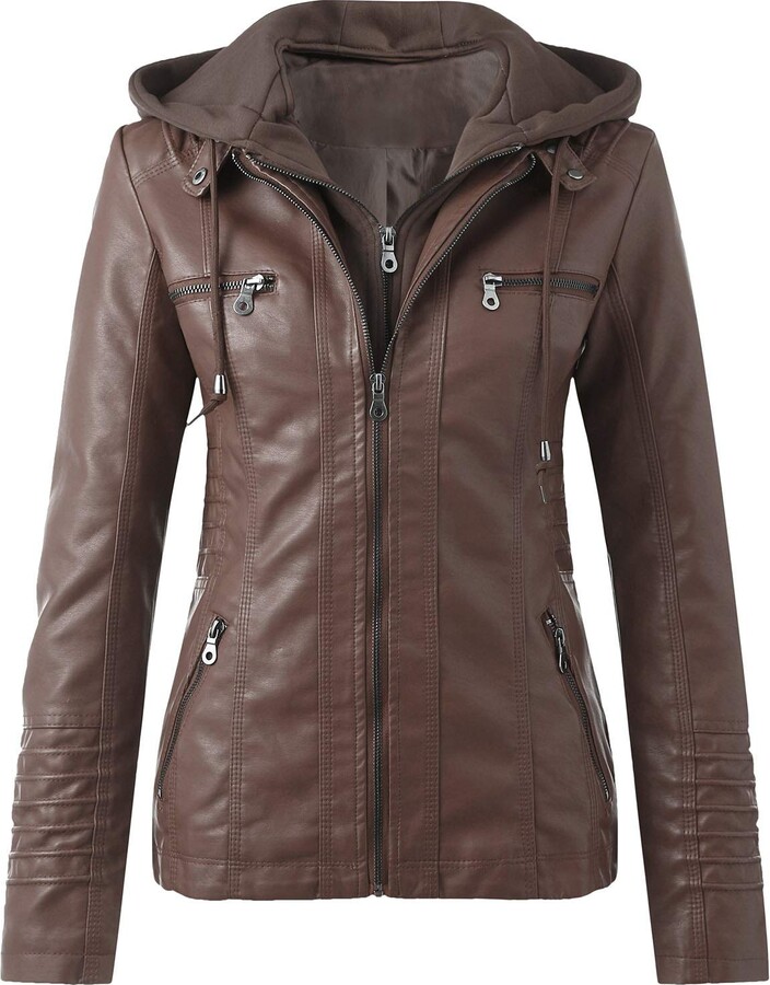 Generic Hooded Jacket Women's Brown Faux Leather Jacket Hoodie Faux ...
