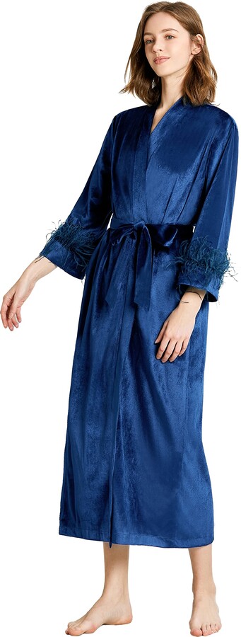 BABEYOND Women Long Velvet Robe with Ostrich Feather Trim Soft Warm ...