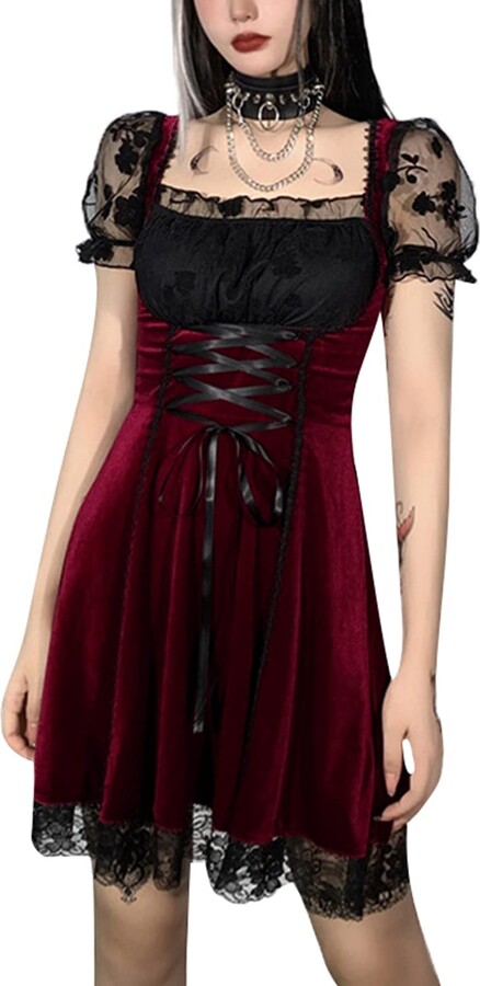 FeMereina Women's Gothic Punk Mini Dresses Vintage Puff SleeveLace ...