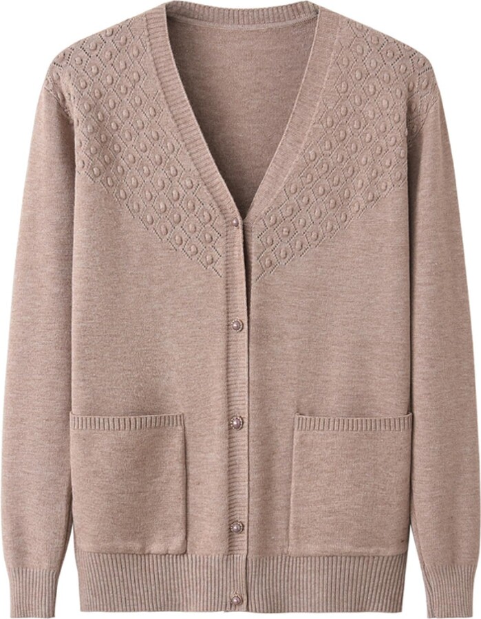GSAEIMCT Woman's Chunky Warm Cashmere Grandma Cardigan - Khaki V-Neck ...