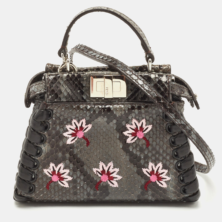 Fendi Grey/Black Python Floral Embroidered Micro Peekaboo Crossbody Bag ...