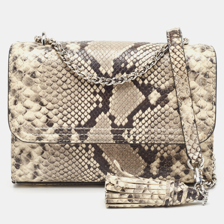 Tory Burch Black/Grey Python Embossed Leather Fringe Crossbody Bag ...