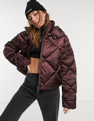 ASOS DESIGN satin quilted oversized puffer jacket in burgundy - ShopStyle