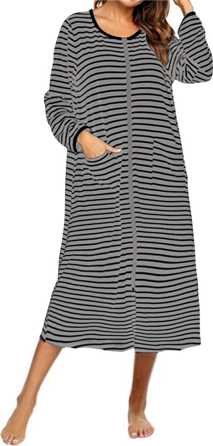 SUNNYME Women Zipper Robe Cotton Long Sleeve Housecoat Soft Zip Up ...