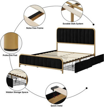 Homfa Queen Size Bed Frame With 4 Drawers, Round Metal Tube Platform ...