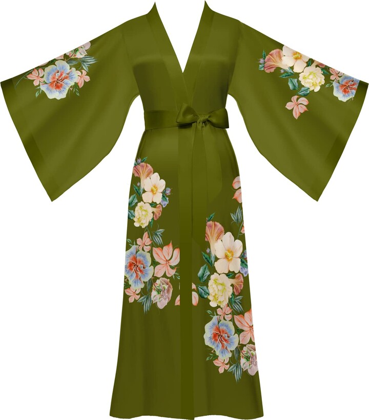 Yemmert Ladies kimono Dressing Gowns Silky Satin Long Sleeve Floral ...