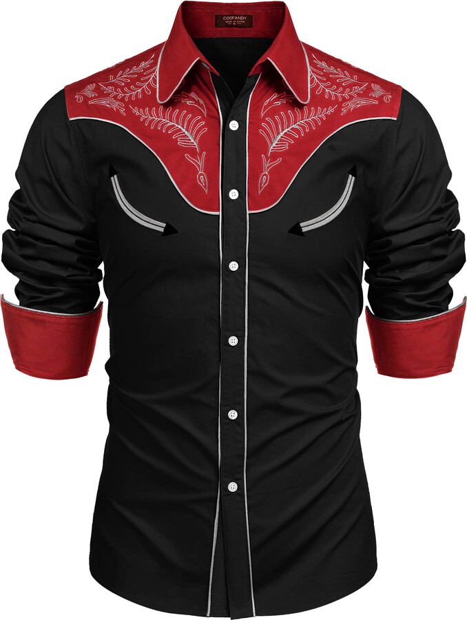 COOFANDY Men's Western Cowboy Embroidered Long Sleeve Button Down Shirt - - XXL - ShopStyle