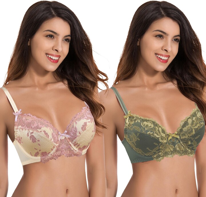 Curve Muse Women's Plus Size Unlined Semi-Sheer Balconette Underwire Lace Bra-2PK-Deep Green ...