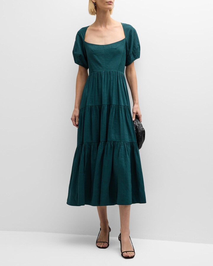 La Ligne Trapunto-Stitch Puff-Sleeve Midi Dress - ShopStyle