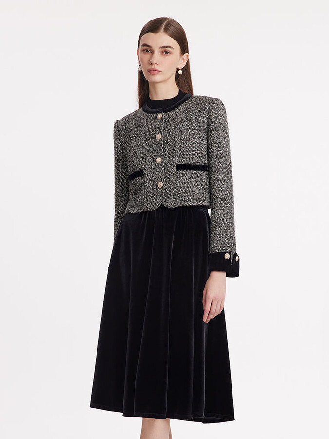 GOELIA Tweed Crop Jacket And Velvet Skirt Two-Piece Set - ShopStyle