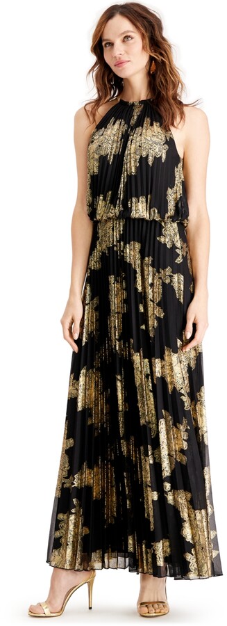MSK Metallic-Print Pleated Blouson Gown - Black/Gold - ShopStyle Maxi ...