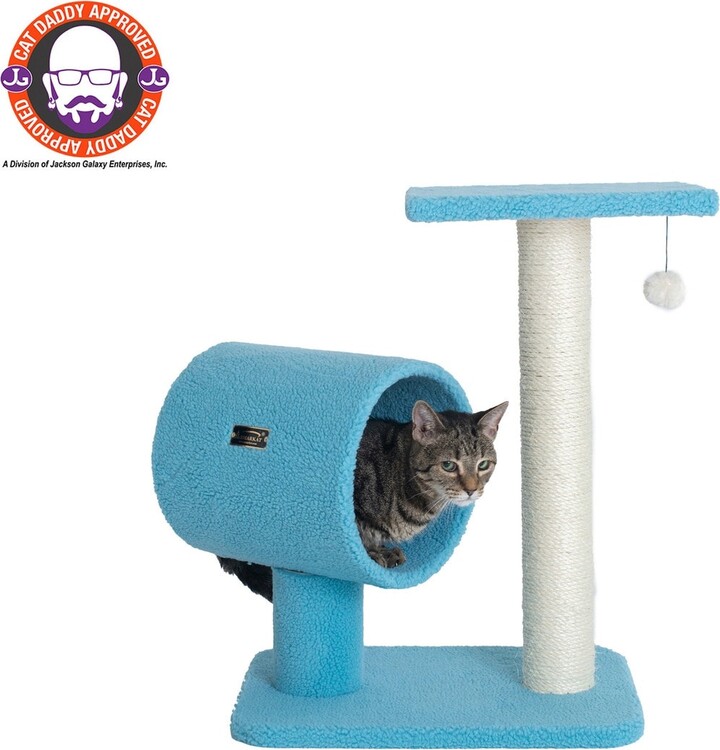 Sky Blue 25" Real Wood Cat Tree With Scratcher And Tunnel for Privacy ...