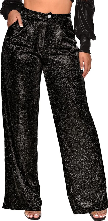 Mojessy Women's Sequin Palazzo Pants Sexy Metallic Sparkle Wide Leg ...