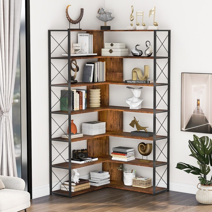 IGEMAN Industrial 7-Tier Bookcase Home Office Bookshelf, L-Shaped ...