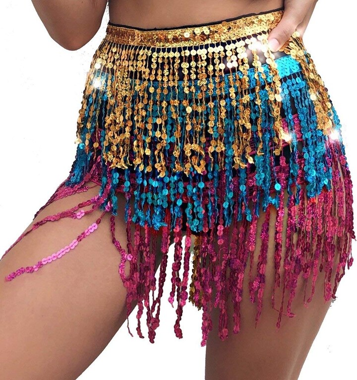 Baisdan Belly Dance Dancer Costume Sequin Tassel Fringe Hip Scarf Belt Waist Wrap Skirt ...