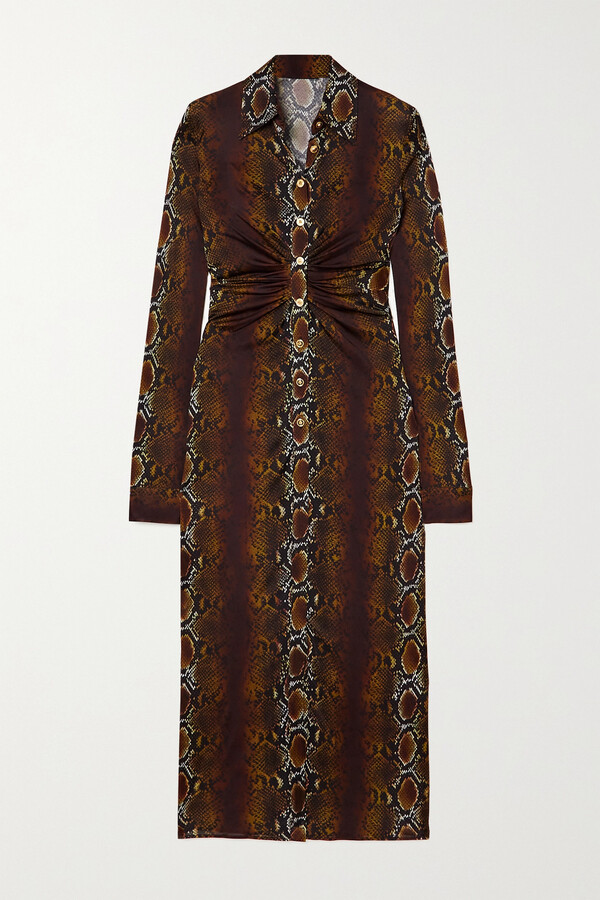 Versace Ruched Snake-print Stretch-jersey Midi Shirt Dress - Brown ...