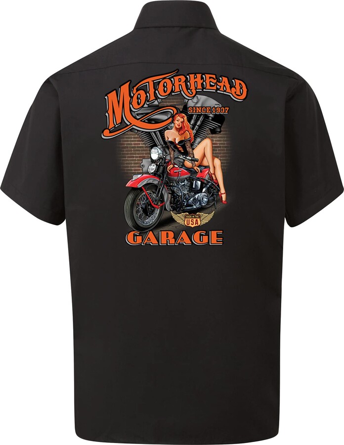 Velocitee Speed Shop Mens Mechanic Garage Work Shirt Motorhead Pin Up ...