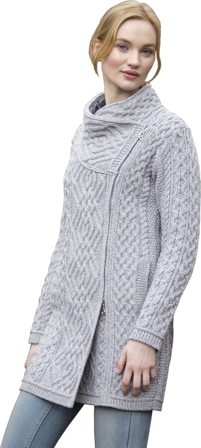 Aran Crafts Women's Irish Soft Cable Knitted Wool Side Zip Coat (Z4631 ...