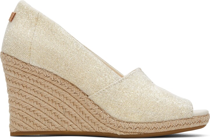 Toms Natural Metallic Michelle Linen Peep Toe Wedge Heel Shoes - ShopStyle