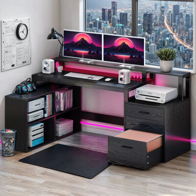 Balconera 65'' L Shaped Desk With Power Outlets, LED Lights & Monitor ...