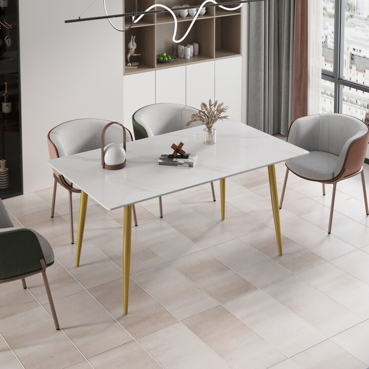 INSEUS 62L x 35W Rectangular White Slate Dining Table with Steel Legs ...