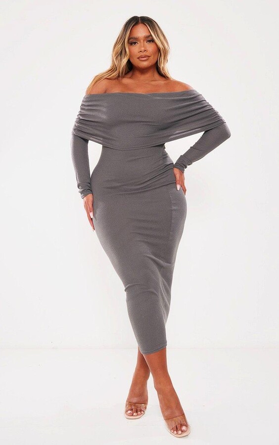 Shape Charcoal Rib Bardot Long Sleeve Maxi Dress - Grey - ShopStyle