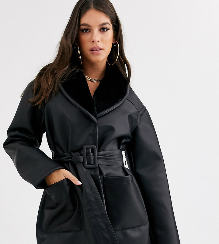 ASOS Tall ASOS DESIGN Tall luxe leather look wrap over jacket in black ...