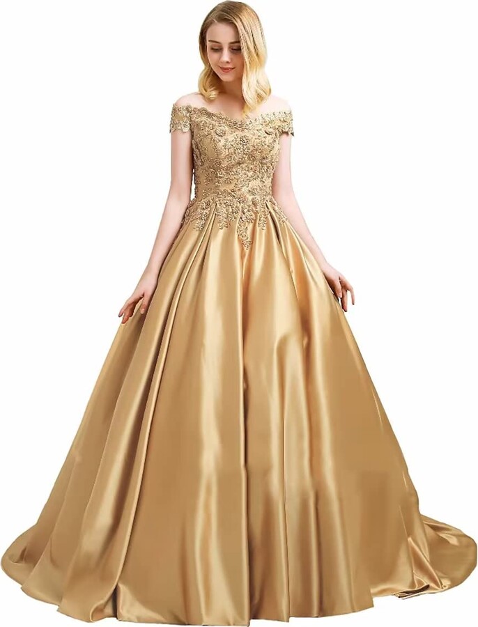 Generic Off Shoulder Satin Prom Dress Gold Long Lace Applique Formal Evening Gowns for Women ...