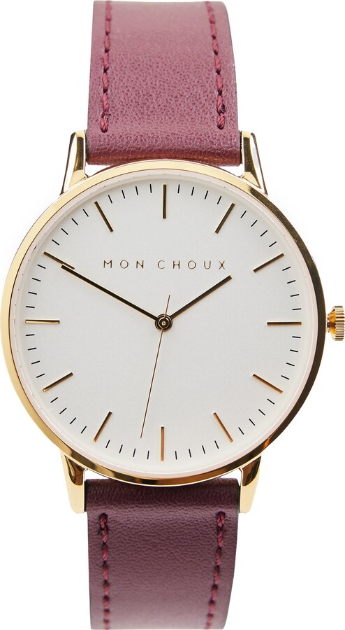 Mon Choux Classic White Gold Vegan Watch In Burgundy Grape Leather ...