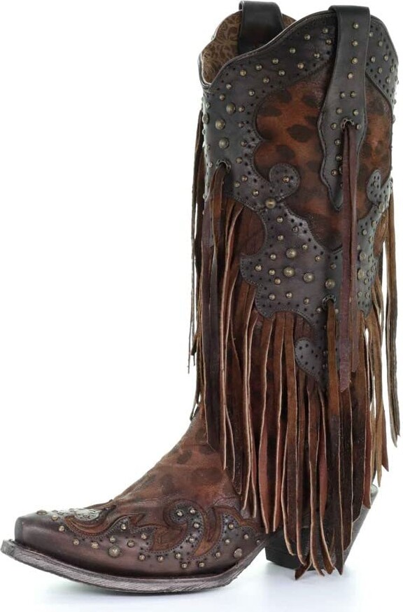 Corral Boots CORRAL Women's 49 Leopard Stud and Fringe Snip Toe Handmade Pull-On Fashionable ...