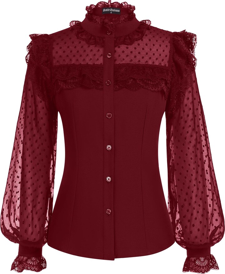 SCARLET DARKNESS Womens Wine Medieval Tops Lace Stand Collar Swiss Dot ...