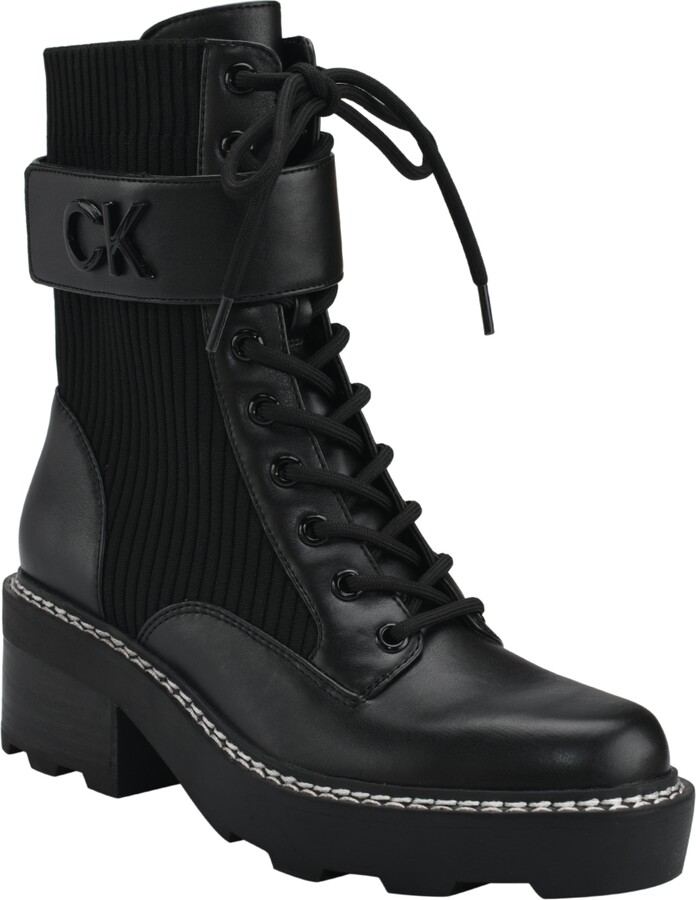 Calvin Klein Women's Arabel Lace-up Logo Buckle Lug Sole Combat Booties ...