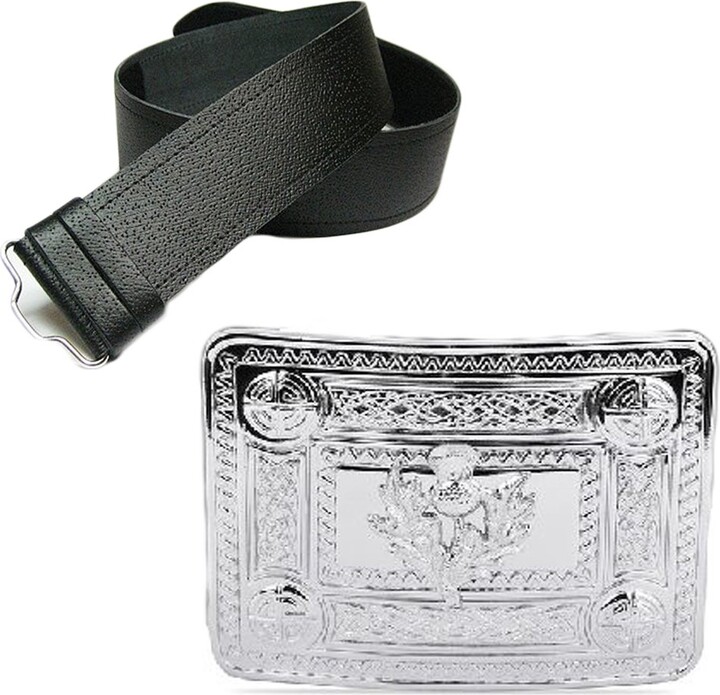 The Scotland Kilt Company New Mens Leather Grained Kilt Belt & Chrome ...