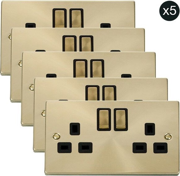 SE Home 5 PACK - Satin / Brushed Brass 2 Gang 13A DP Ingot Twin Double ...