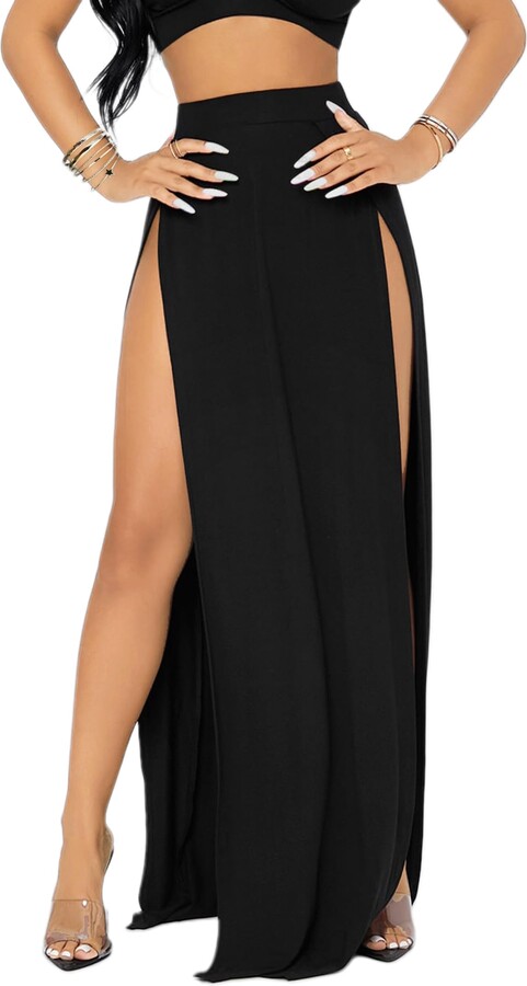 LilyCoco Women's High Slit Maxi Skirt Flowy Long Elastic Waisted Sexy Skirts - ShopStyle
